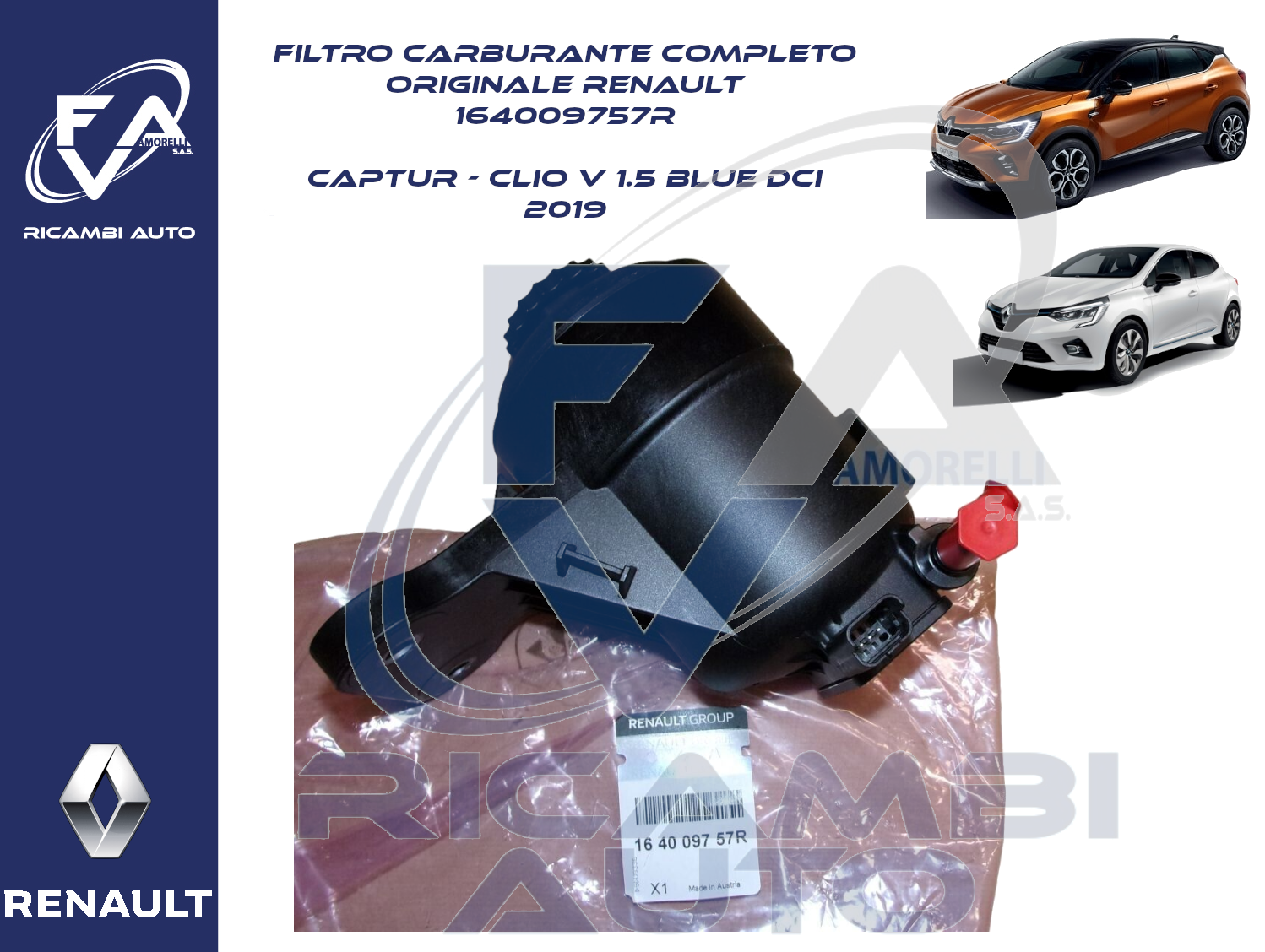FILTRO CARBURANTE COMPLETO ORIGINALE RENAULT 164009757R CAPTUR - CLIO V ...