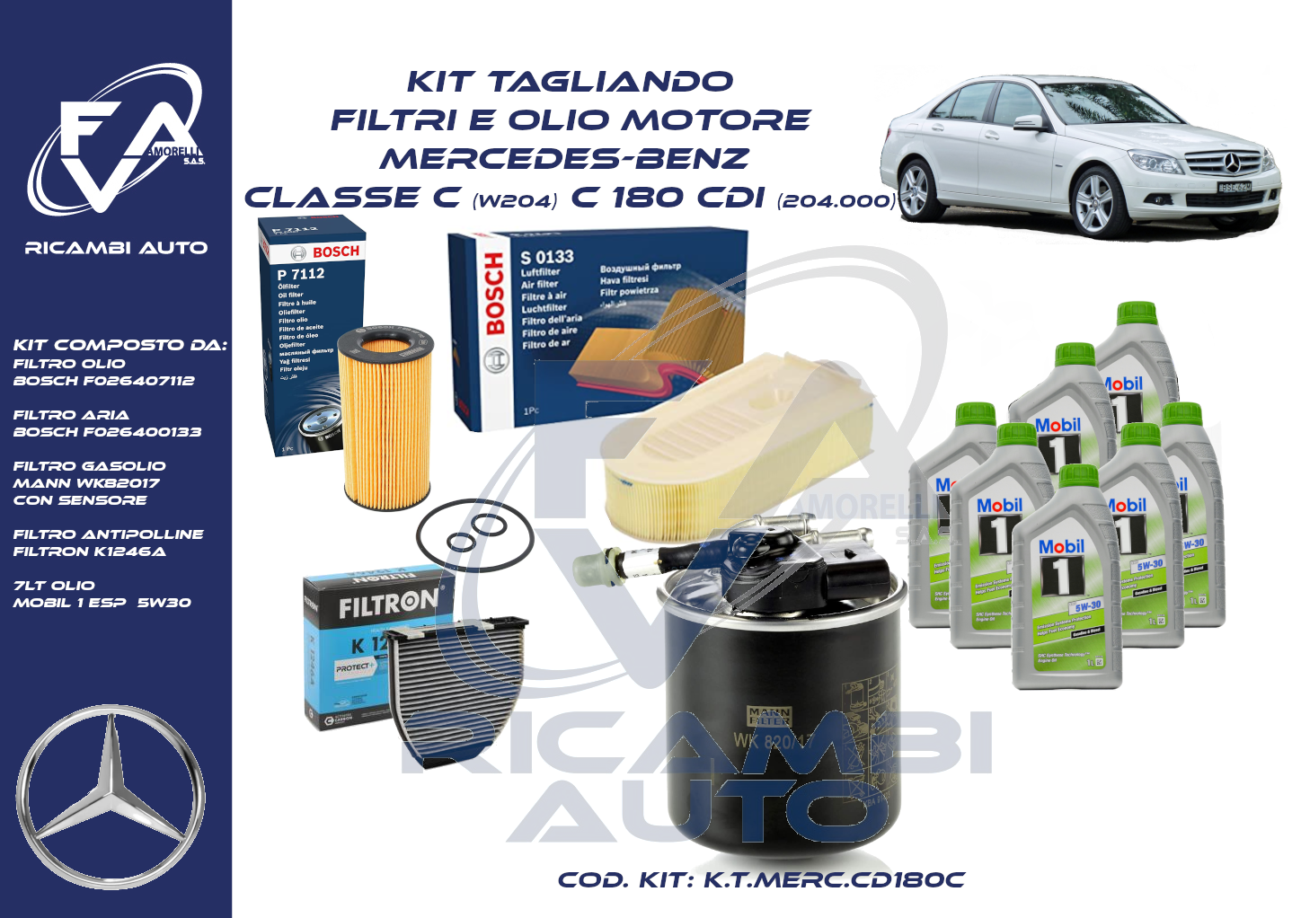 KIT TAGLIANDO OLIO & FILTRI MERCEDES-BENZ CLASSE C (W204) C 180 CDI ...