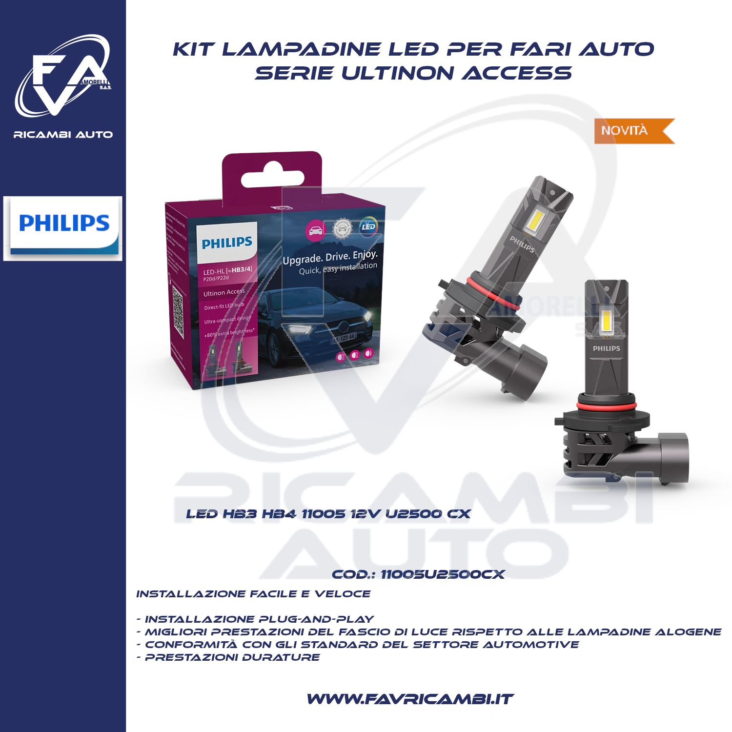 Kit LED Philips Ultinon Access HB3 HB4 11005 12 V U2500 CX | F.A.V. di ...